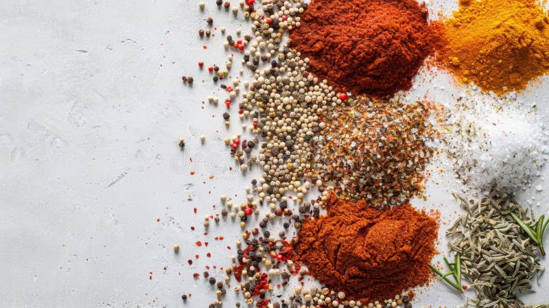 Assorted Spices and Herbs Scattered on White Surface Stock Photo ...