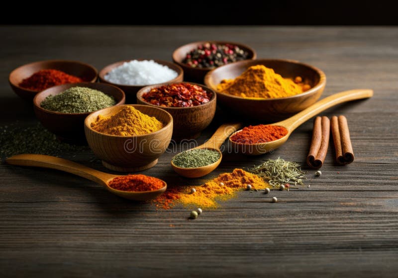 Assorted Spices and Herbs in Wooden Bowls and Spoons on a Rustic Table ...