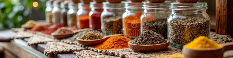 Assorted Spices in Jars and Bowls Displayed on Rustic Wooden Table ...