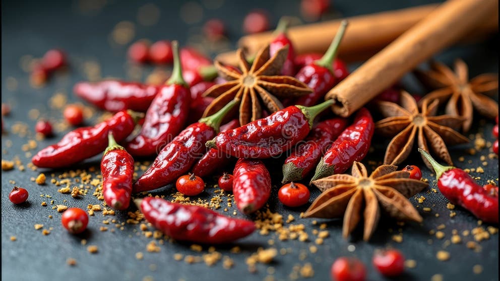 Assorted Spices: Red Chili Peppers, Star Anise, Cinnamon Sticks on Dark ...