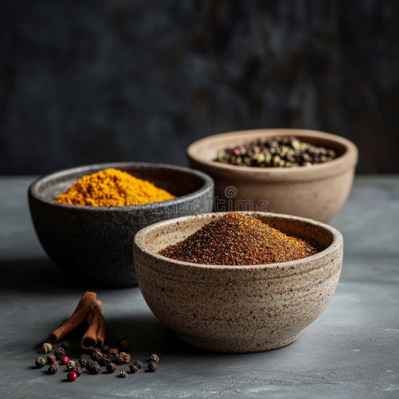 Assorted Cinnamon Spices Rustic Bowls Dark Surface Stock Photos - Free ...