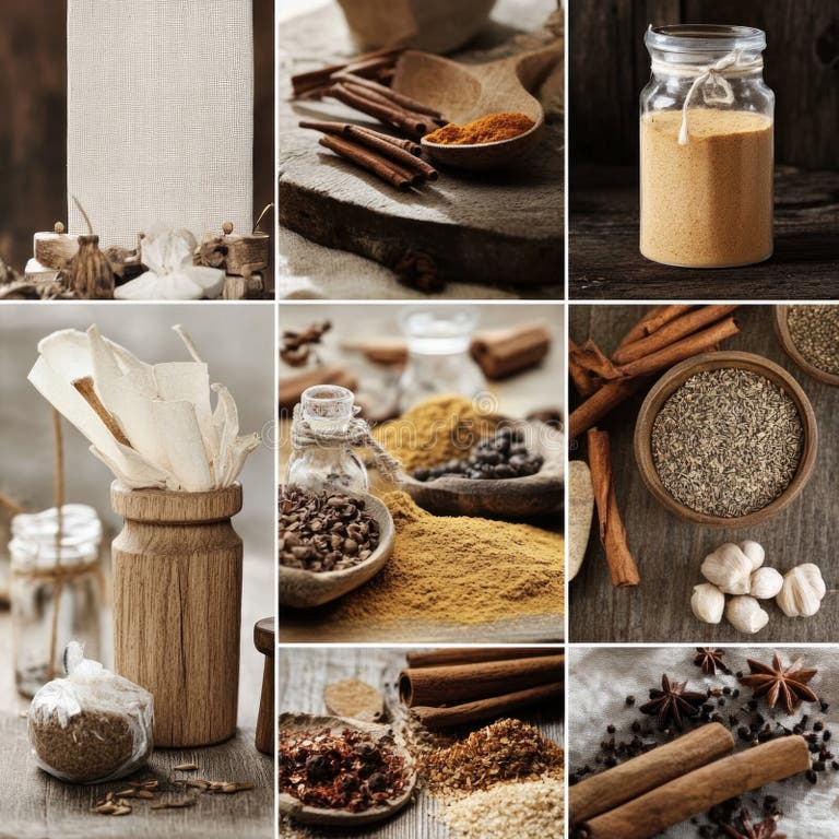 Assorted Spices and Seasonings in Rustic Kitchen Display Stock Image ...