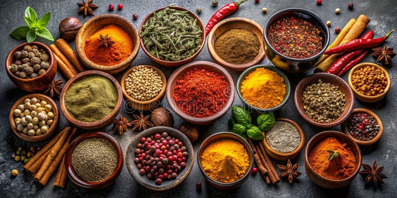 Assorted Spices in Small Bowls on Dark Background Culinary Concept AI ...