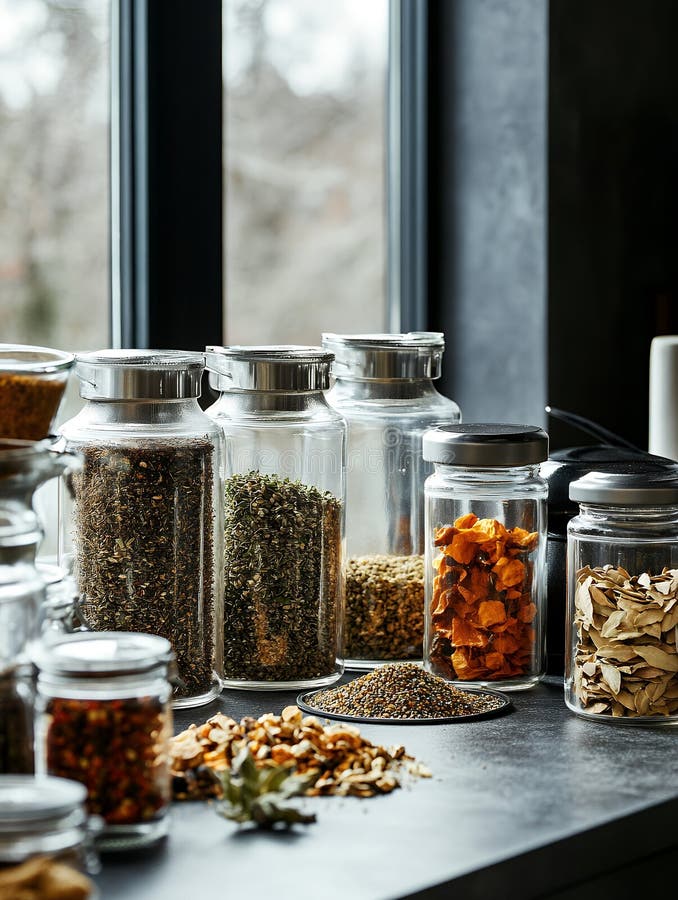 Assorted Spices Stored in Glass Jars by a Window, Reflecting a Vibrant ...
