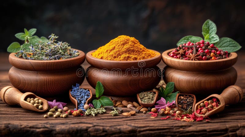 Assorted Spices on Wooden Background Stock Illustration - Illustration ...