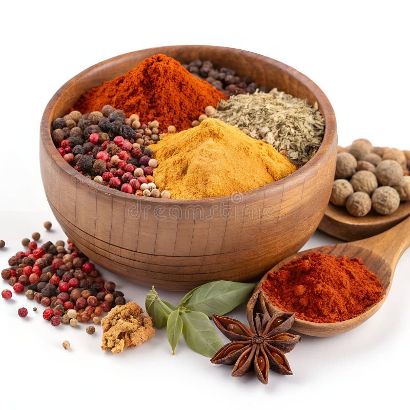 Assorted Spices in Wooden Bowl Stock Illustration - Illustration of ...