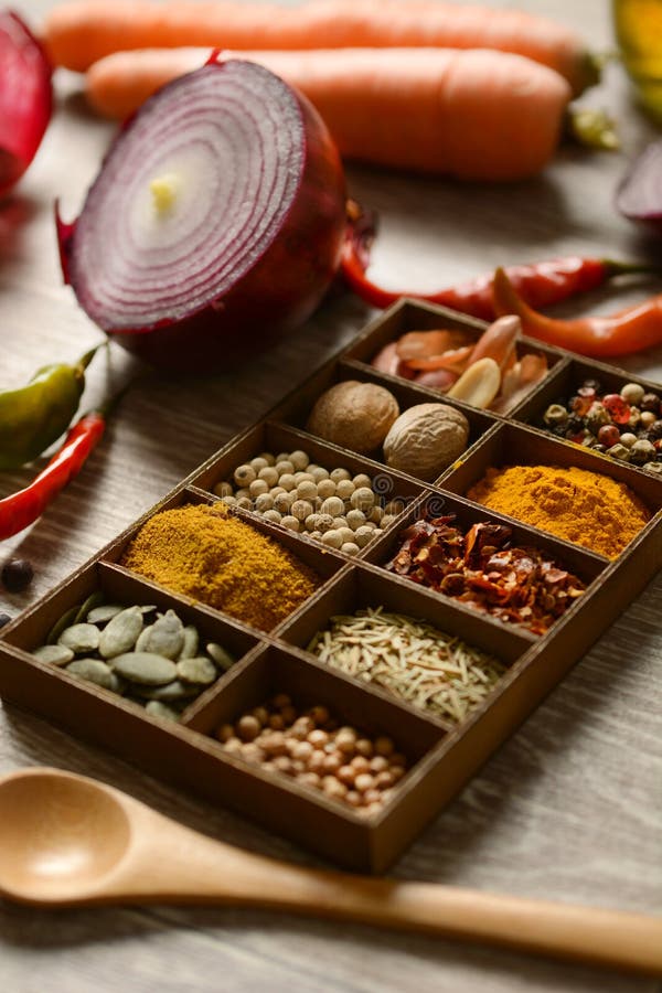 Assorted Spices in Wooden Container Stock Image - Image of heap, cumin ...