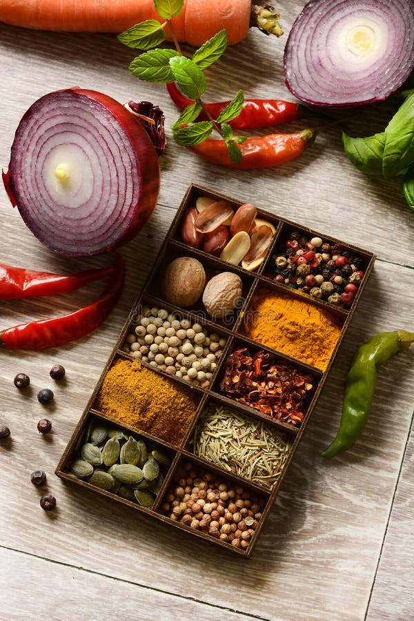 Assorted Spices in Wooden Container Stock Image - Image of cuisine ...