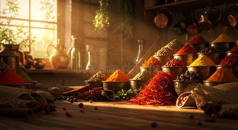 Assorted Spices on Wooden Table in Rustic Kitchen Setting Stock ...