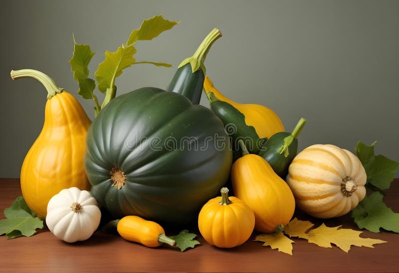 Assorted Squash and Gourds on Rustic Surface with Autumn Leaves Stock ...