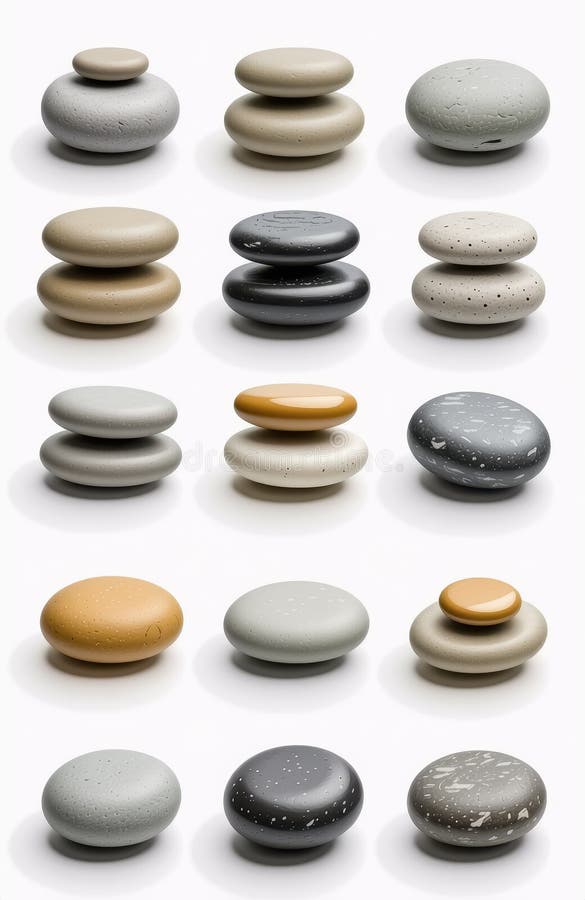 Assorted Stackable Smooth Stones in Neutral Colors on White Background ...