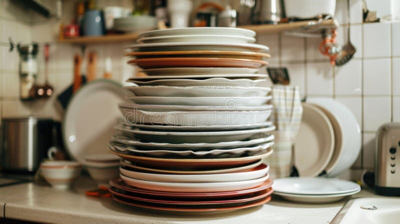 Assorted Stacked Ceramic Dishes on Open Kitchen Shelves Stock ...
