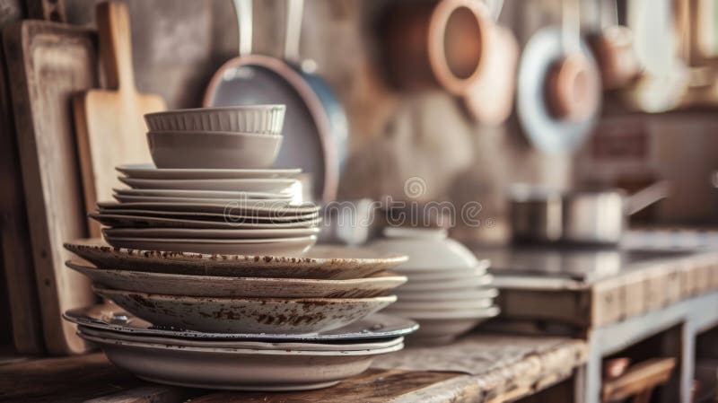 Assorted Stacked Ceramic Dishes on Open Kitchen Shelves Stock ...