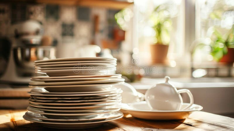 Assorted Stacked Ceramic Dishes on Open Kitchen Shelves Stock ...