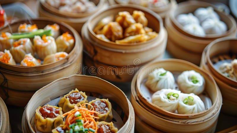 Assorted Steamed Dim Sum in Bamboo Baskets Stock Illustration ...
