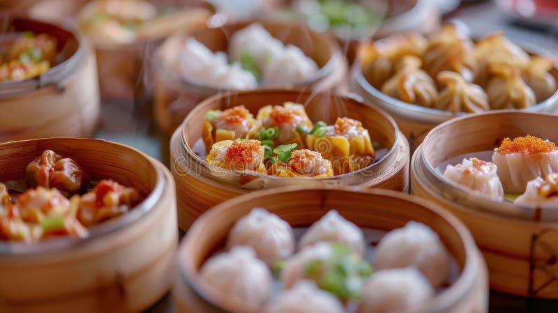 Assorted Steamed Dim Sum in Bamboo Baskets with Vibrant Colors Stock ...