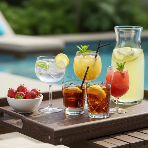 Assorted Summer Drinks on a Tray by the Pool Stock Illustration - Illustration of glasses ...