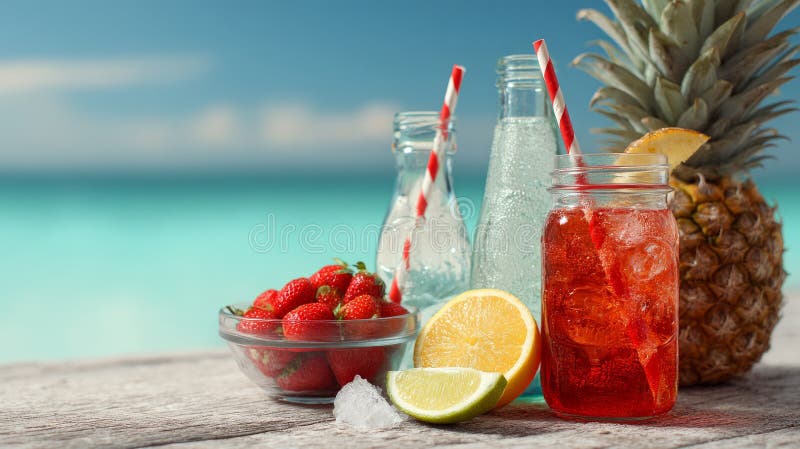 Assorted Summer Snacks and Drinks in Jars on a Wooden Table by the ...