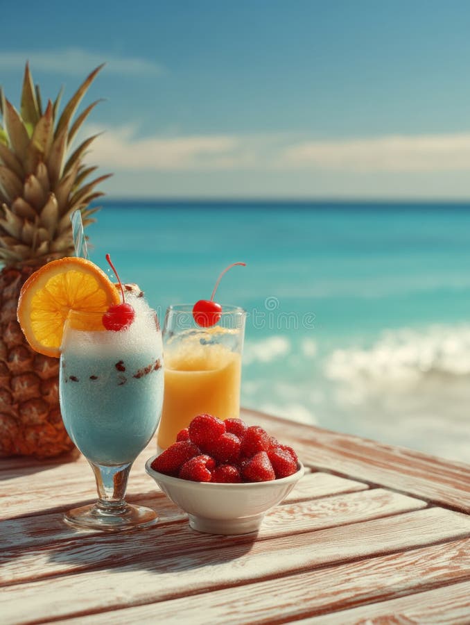 Assorted Summer Snacks and Drinks in Jars on a Wooden Table by the Beach. Snacks and Drinks To ...