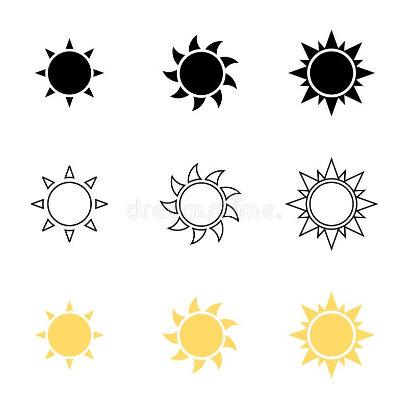 Assorted Sun Icons: Black, Outline, and Yellow Stock Vector ...