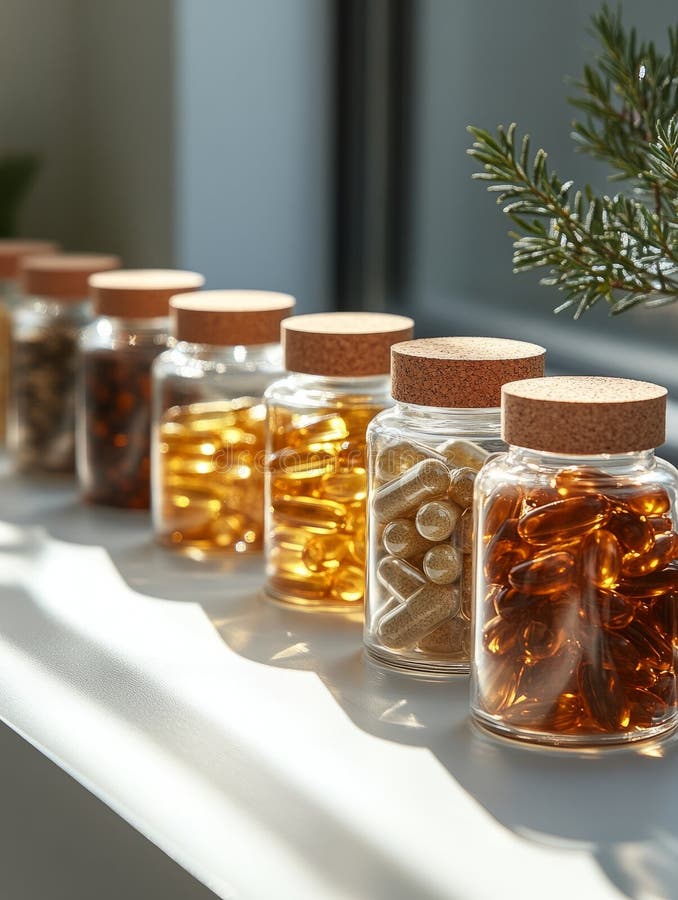 Assorted Supplement Bottles Lined Up on a Sunny Surface Stock Image ...