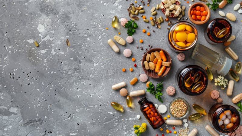 Assorted Supplements and Vitamins on Textured Surface Stock ...