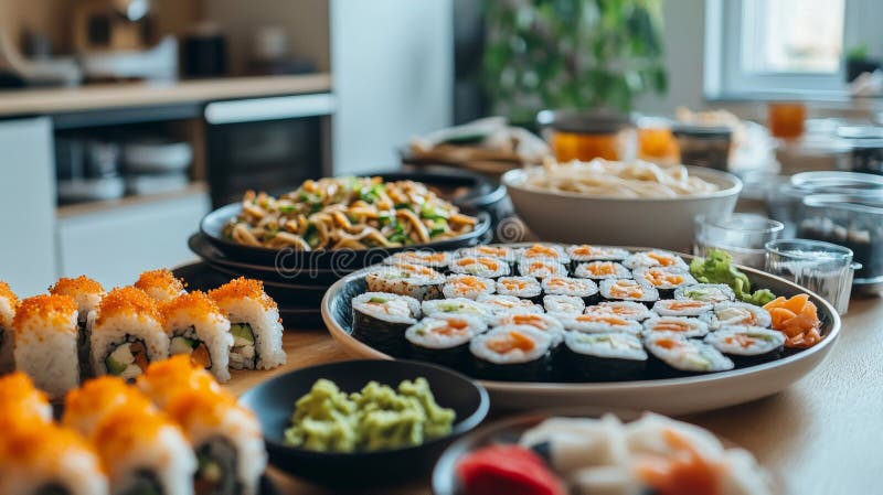 Assorted Sushi and Asian Cuisine Buffet Display Stock Illustration ...