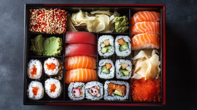 Assorted Sushi Bento Box with Nigiri Rolls and Assorted Toppings Stock Photo - Image of nigiri ...