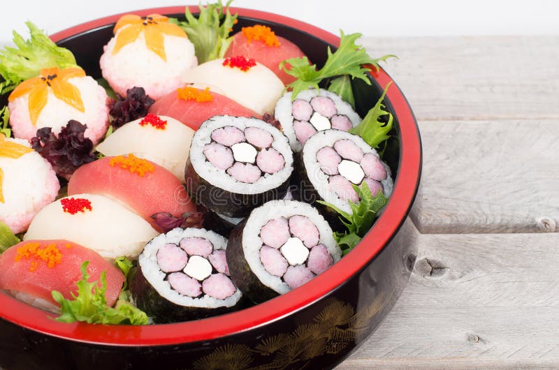 Assorted sushi and maki stock photo. Image of oriental - 66442200