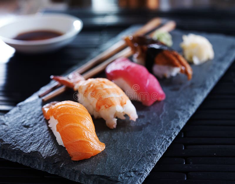 Assorted Sushi Nigiri on Slate Stock Image - Image of tuna, focus: 54400801