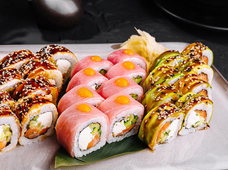 Assorted Sushi Platter on Modern Plate Stock Image - Image of gourmet ...