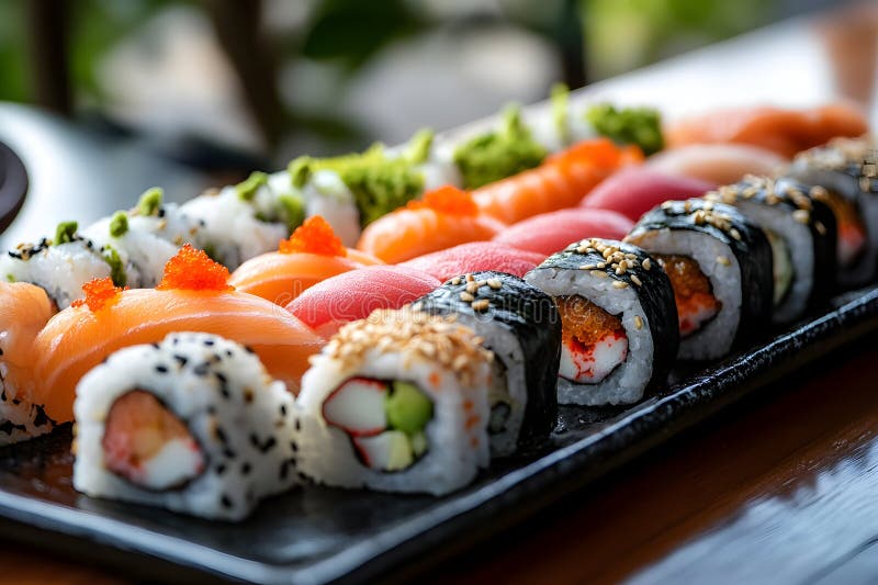 Assorted Sushi Platter with Nigiri and Maki Rolls on Black Plate Stock ...