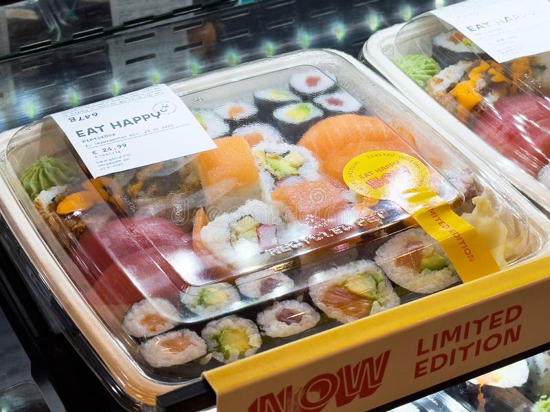 Assorted Sushi Platter Selection in Retail Packaging on Display ...