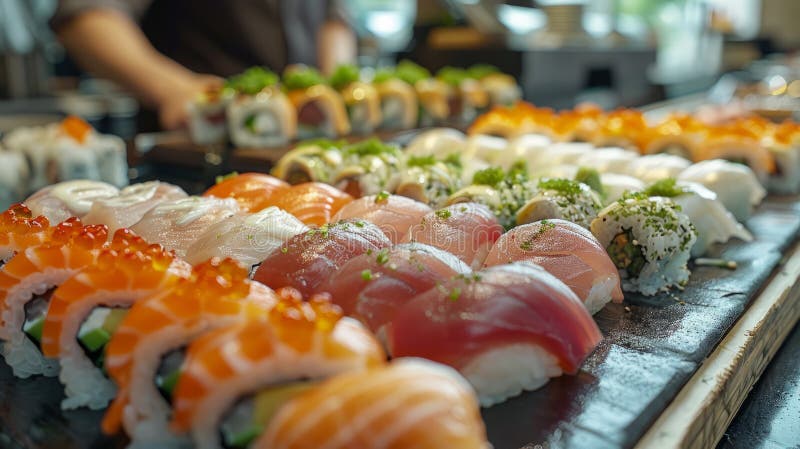 Assorted Sushi on a Restaurant Counter. Stock Image - Image of gourmet ...