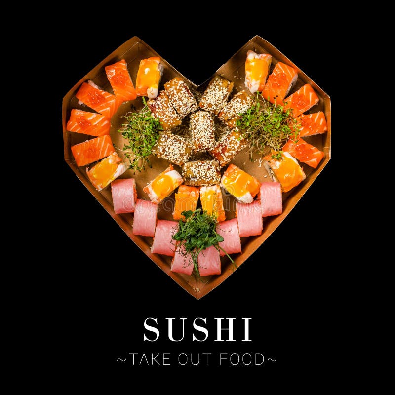Assorted Sushi Roll Pieces Set Served in Heart Shape Box Isolated on ...