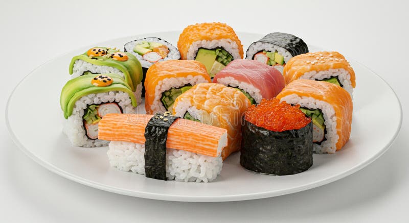 Assorted Sushi Rolls are Arranged on a White Plate. the Platter ...