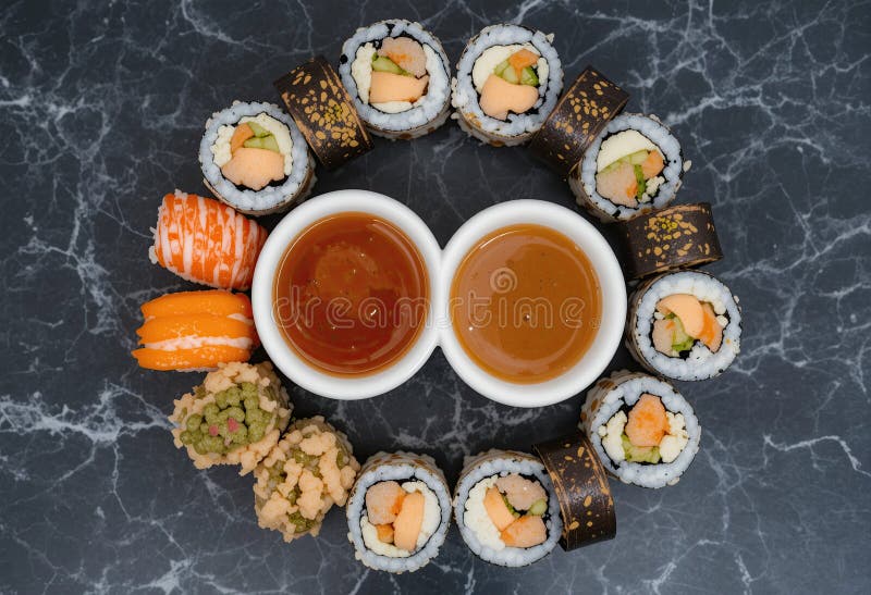 Assorted Sushi Rolls with Dipping Sauces in Circle on Dark Marble, Top ...