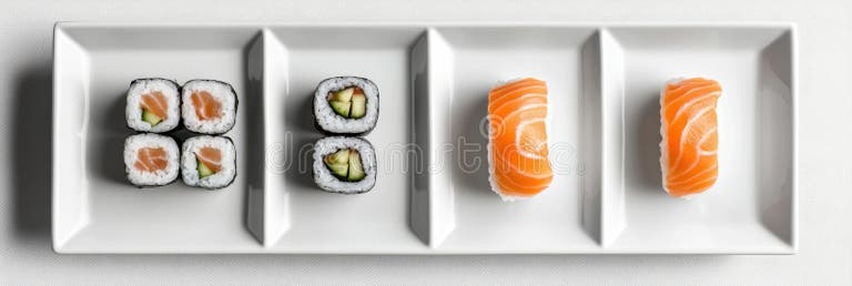 Assorted Sushi Rolls and Nigiri on Rectangular White Plate in ...