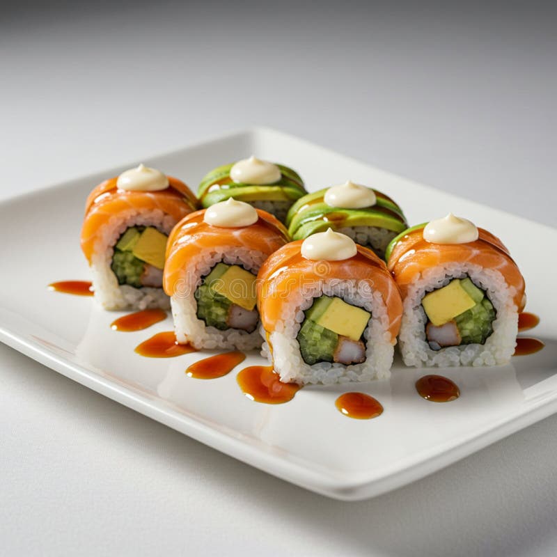 Assorted Sushi Rolls on a Square White Plate, Featuring Seasoned Rice ...