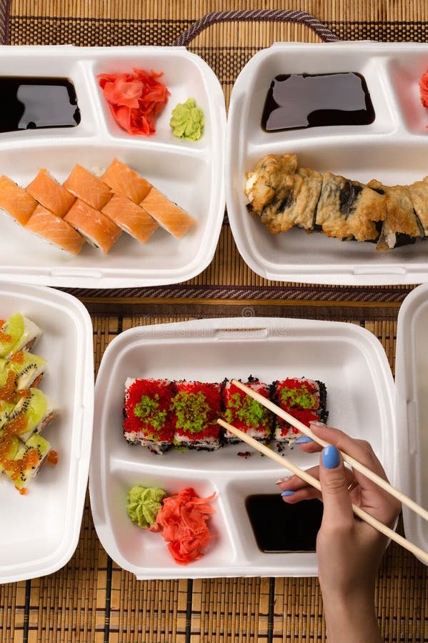 Assorted sushi and rolls stock photo. Image of japan - 74385706