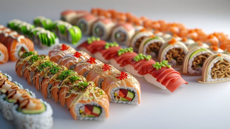 Assorted Sushi Rolls in Various Styles and Flavors Arranged in Rows ...