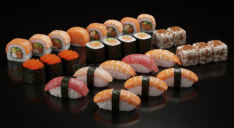 Assorted Sushi Selection on a Black Reflective Surface for Restaurant ...