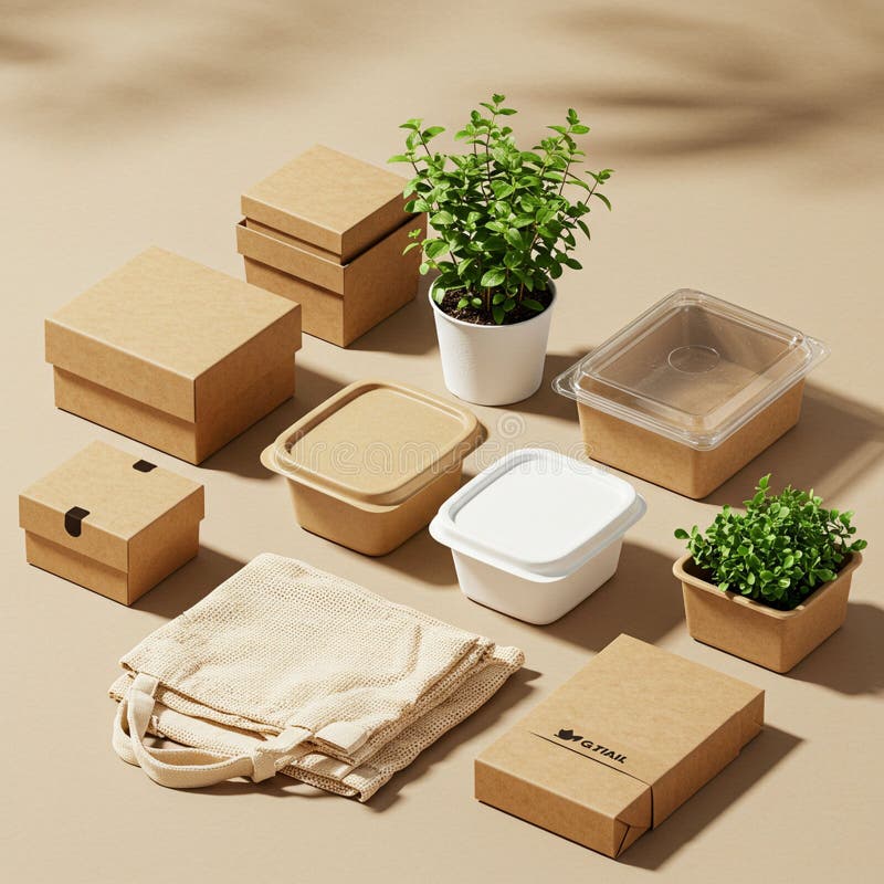 Assorted Sustainable Packaging Items and Potted Plants are Arranged on ...