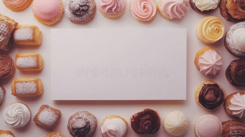 Assorted Sweet Pastries and Blank Card on Pastel Background Stock Image ...