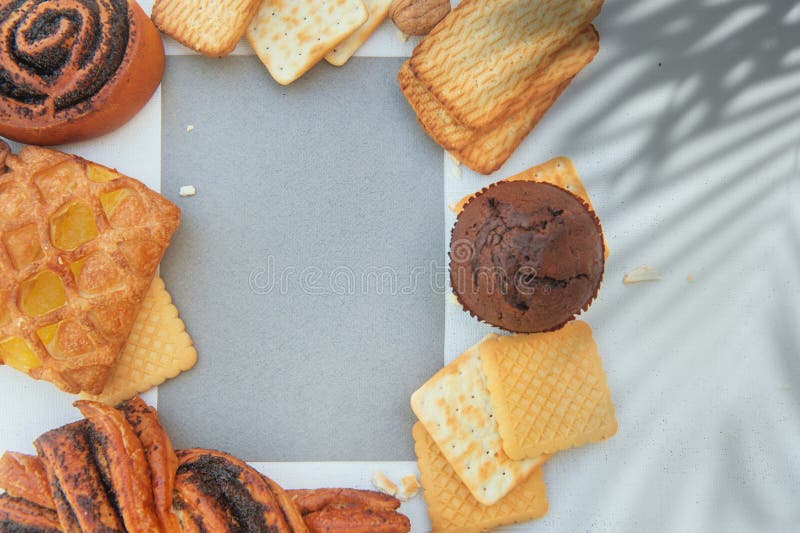 Assorted Sweet Pastries with Vertical Gray Empty Card Template, Top ...