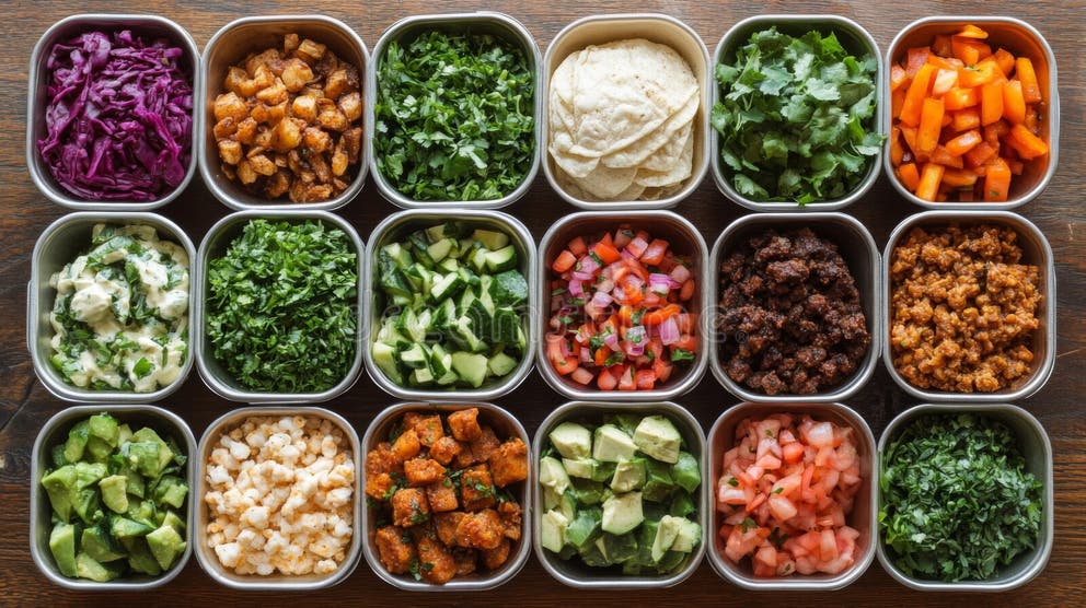 Assorted Taco Bar Toppings in Small Containers Stock Illustration ...
