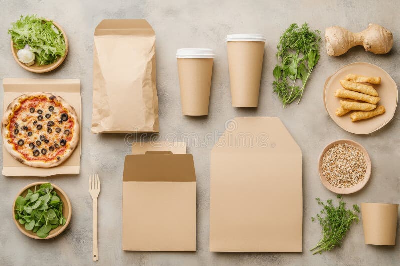 Assorted Takeaway Food Packaging Arranged on a Textured Stone Surface ...