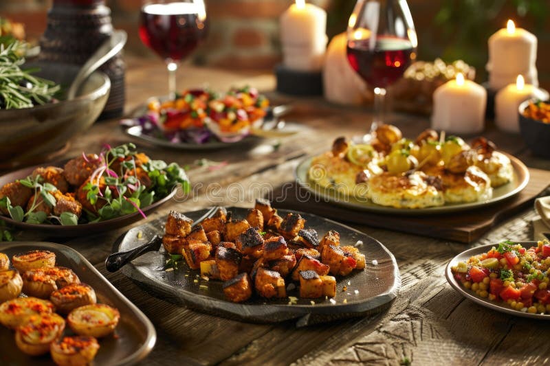 Assorted Tapas on a Rustic Table Setting with Wine Stock Image - Image ...