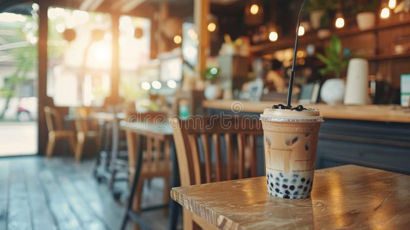 Assorted Tapioca Bubble Teas on Blurred Coffee Shop Background with ...