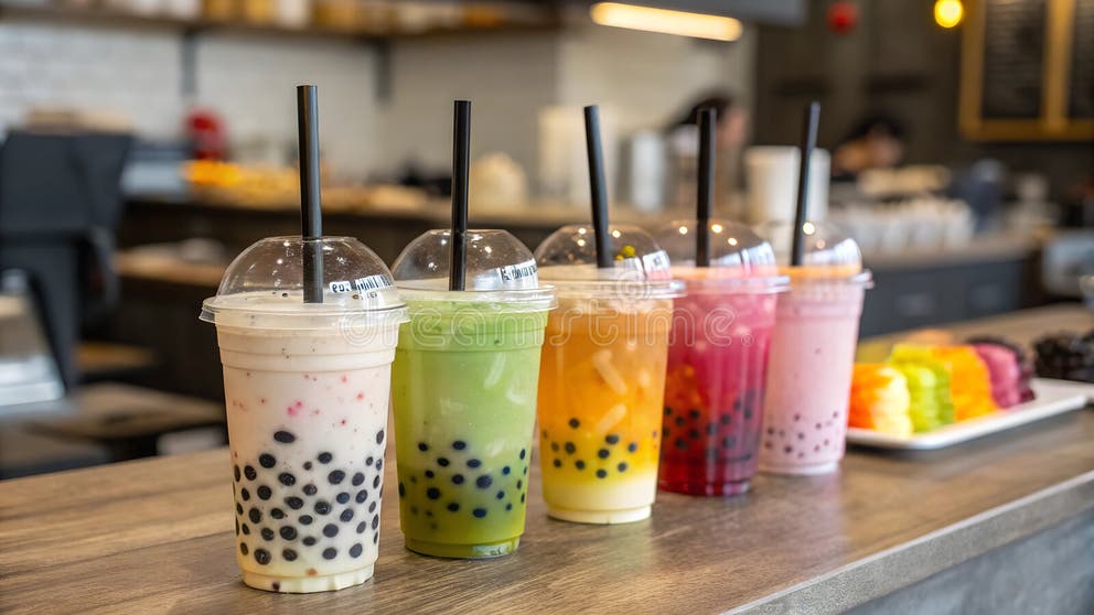 Assorted Tapioca Bubble Teas on Blurred Coffee Shop Background with ...
